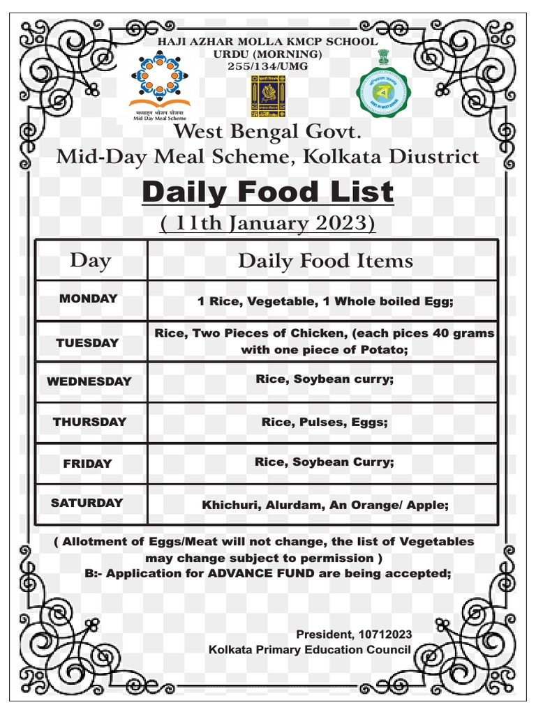 West Bengal Mid-Day Meal Menu 2023 | PDF | Wellness