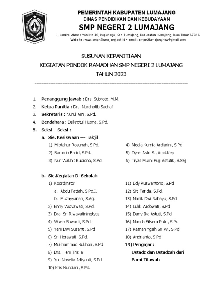 Susunan Panitia Pondok Ramadhan 1444H | PDF