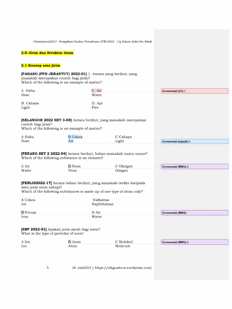 Chemquest2023 Ting 4 Bab 02 Jawapan | PDF