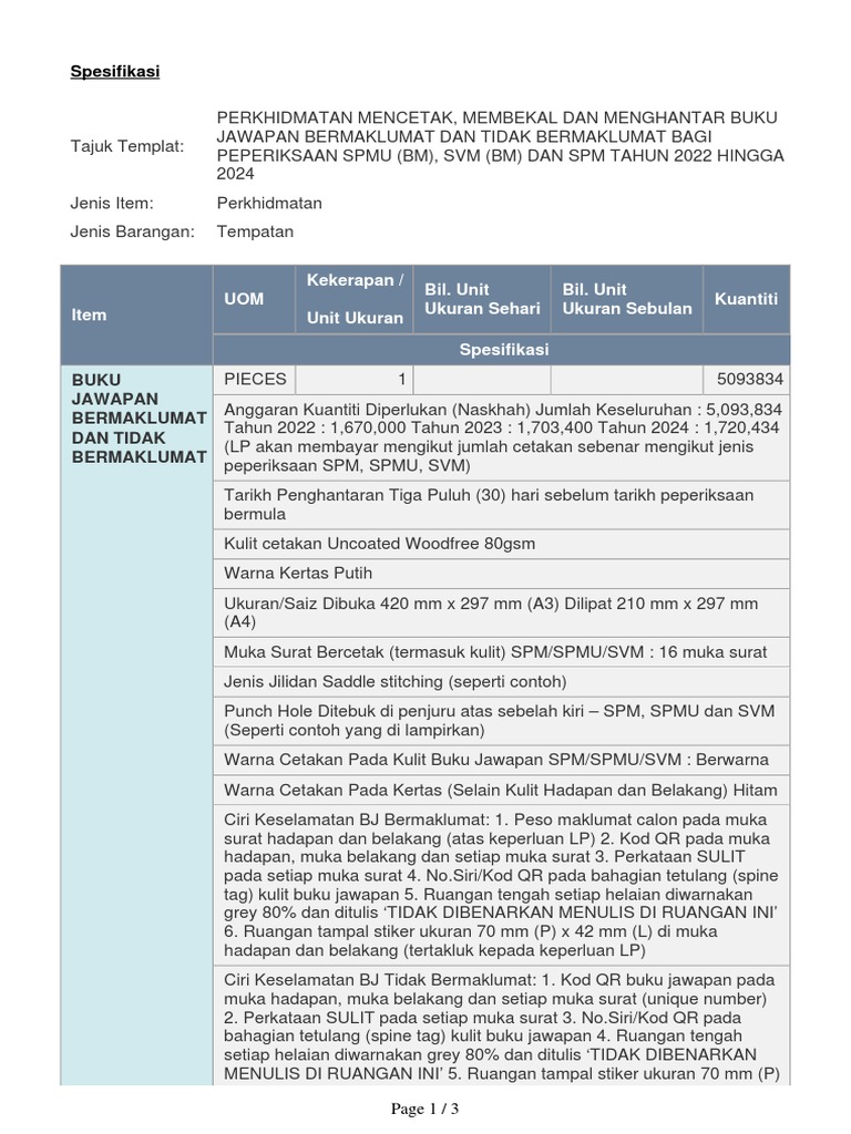 Spesifikasi: UOM Kekerapan / Unit Ukuran Bil. Unit Ukuran Sehari Bil. Unit Ukuran Sebulan ...