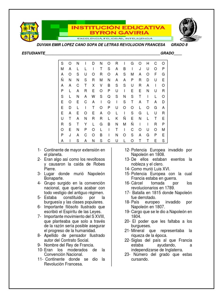 Duvian Emir Lopez Cano Sopa de Letras Revolucion Francesa Grado 8 | PDF ...