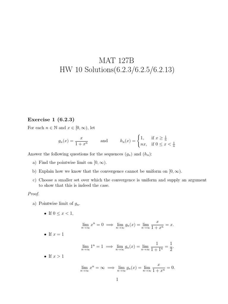 MAT 127B HW 10 Solutions Uniform and Pointwise Convergence | PDF ...