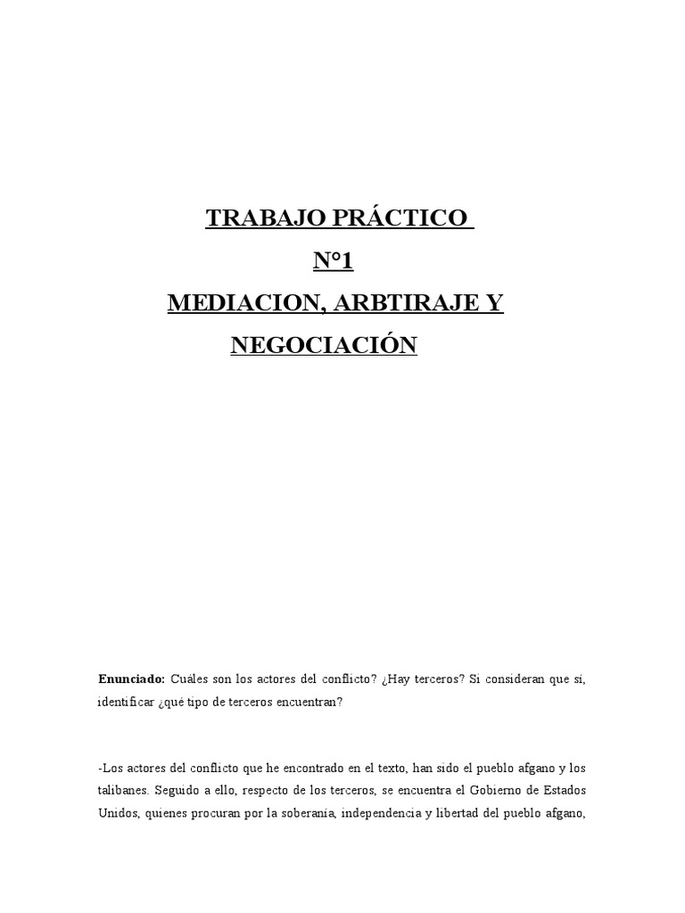 TRABAJO PRÁCTICO n1 Mediacion, Arbitraje y Negociacion | PDF | Afganistán | Mediación