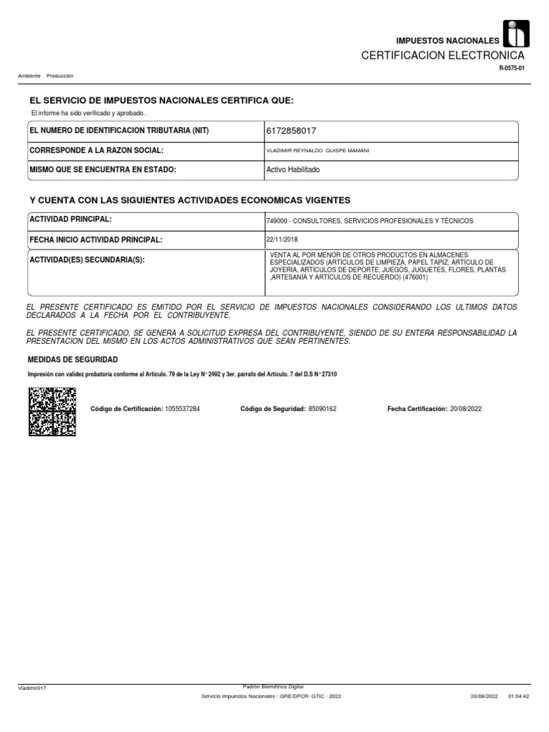 Certificado de identificación tributaria y actividades económicas ...