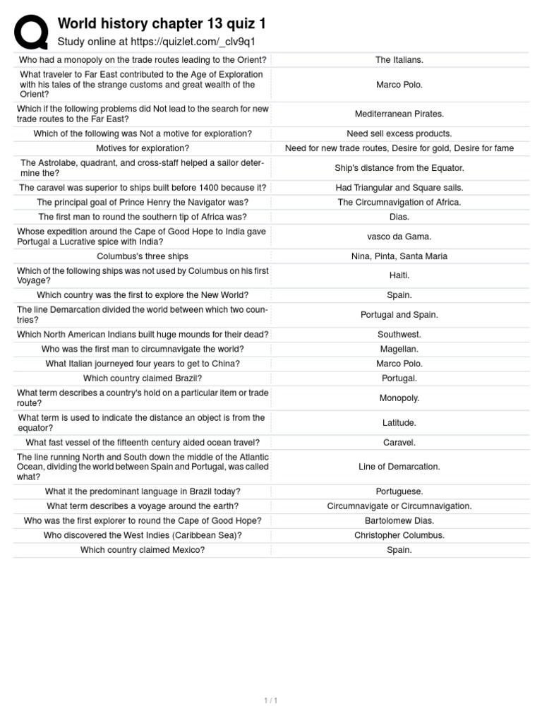 World History Chapter 13 Quiz 1 | PDF | Exploration | Christopher Columbus