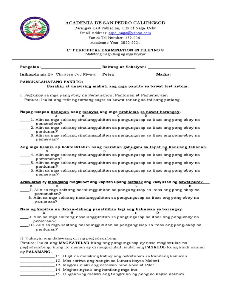 unang markahang pagsusulit sa Filipino 8 | PDF unang markahang pagsusulit sa Filipino 8 | PDF