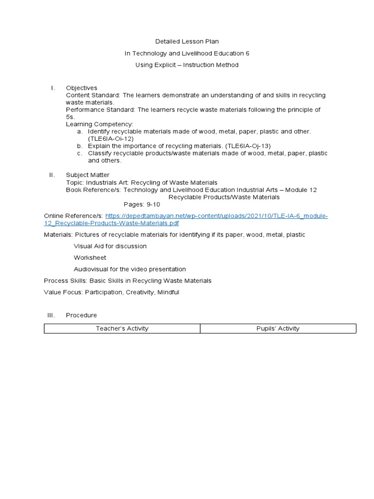 Detailed Lesson Plan | PDF | Recycling | Waste
