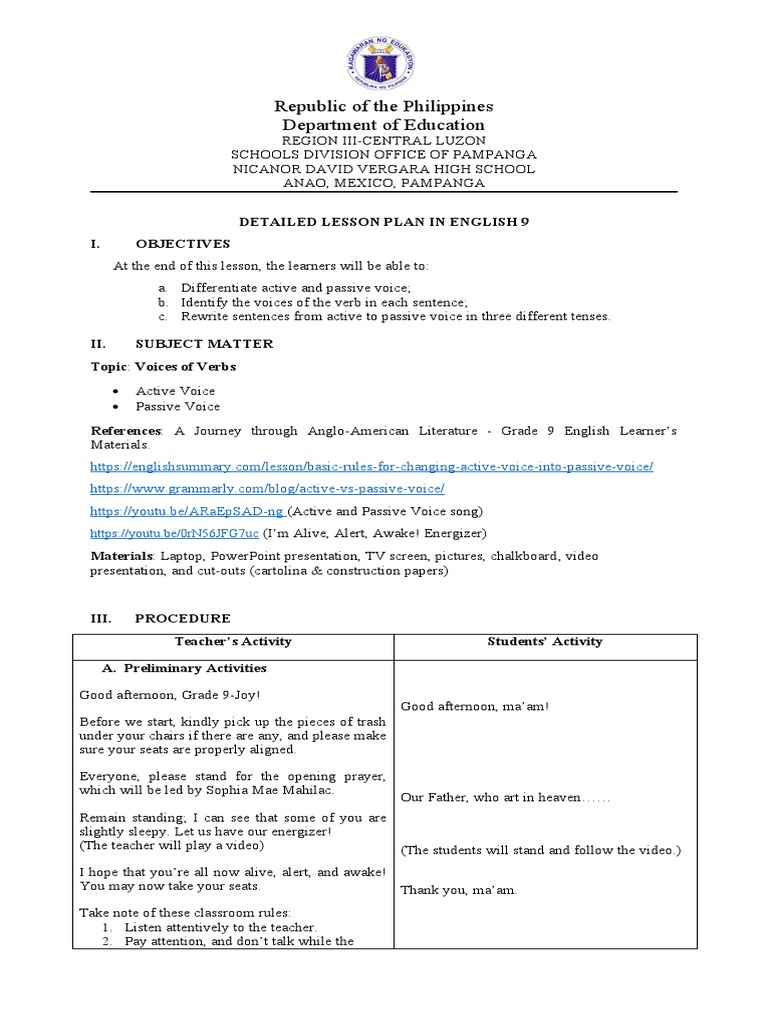 English 9 Lesson Plan: Active vs. Passive Voice | PDF | Language Arts ...