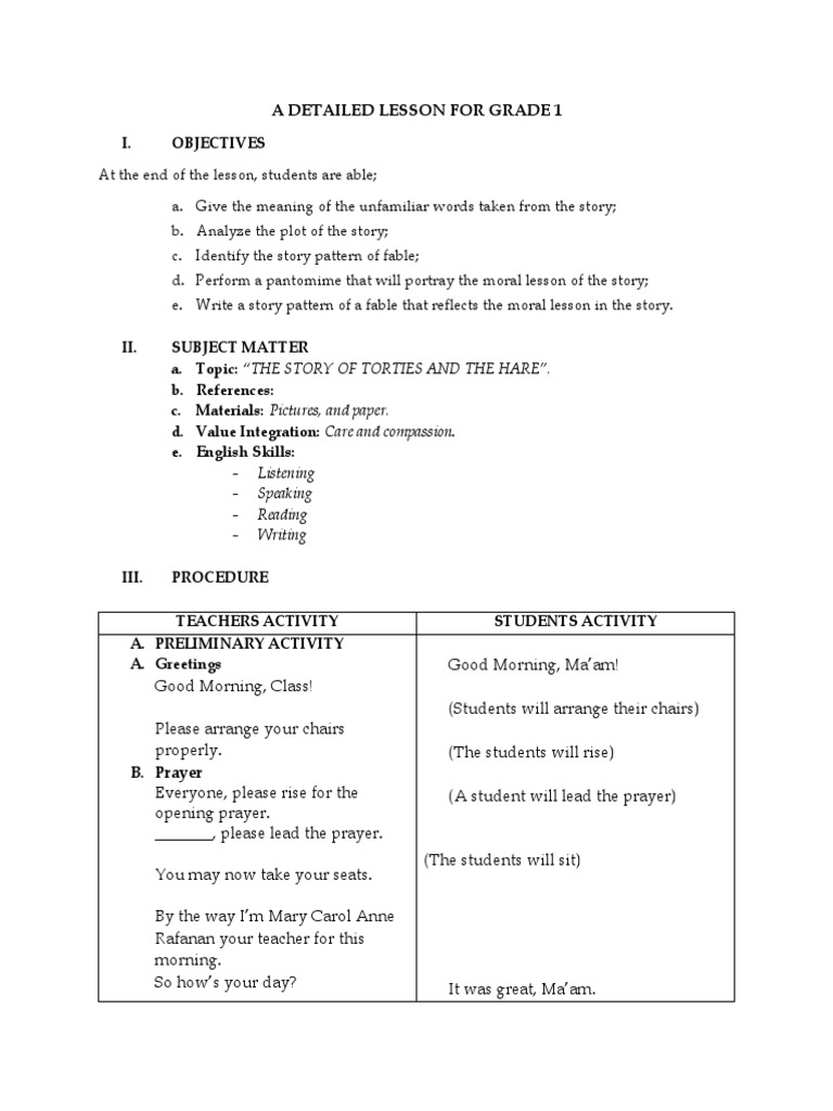 Tortoise and Hare: Grade 1 Lesson Plan | PDF | Fable