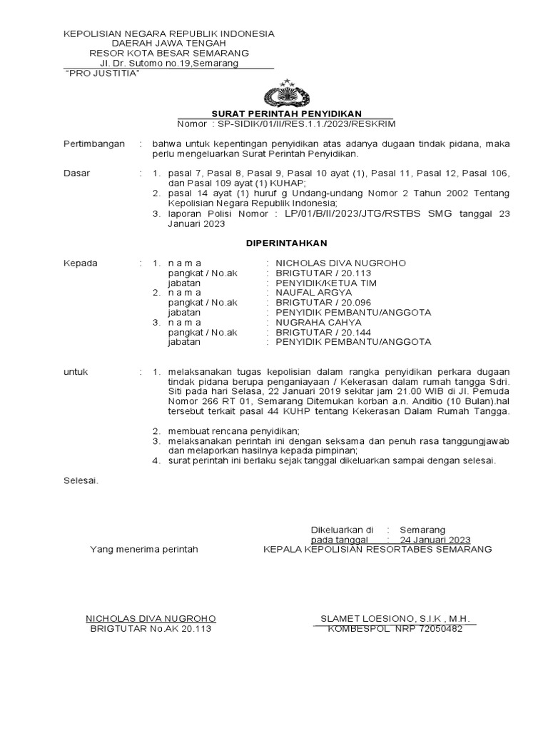 Contoh Surat Perintah Penyidikan | PDF