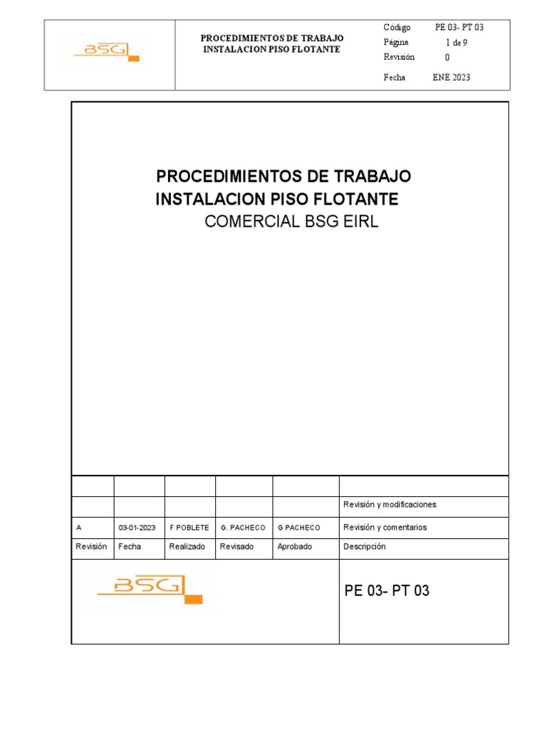 Pe 03 - PT 03 Procedimiento de Trabajo Instalacion Piso Flotante | PDF | Materiales