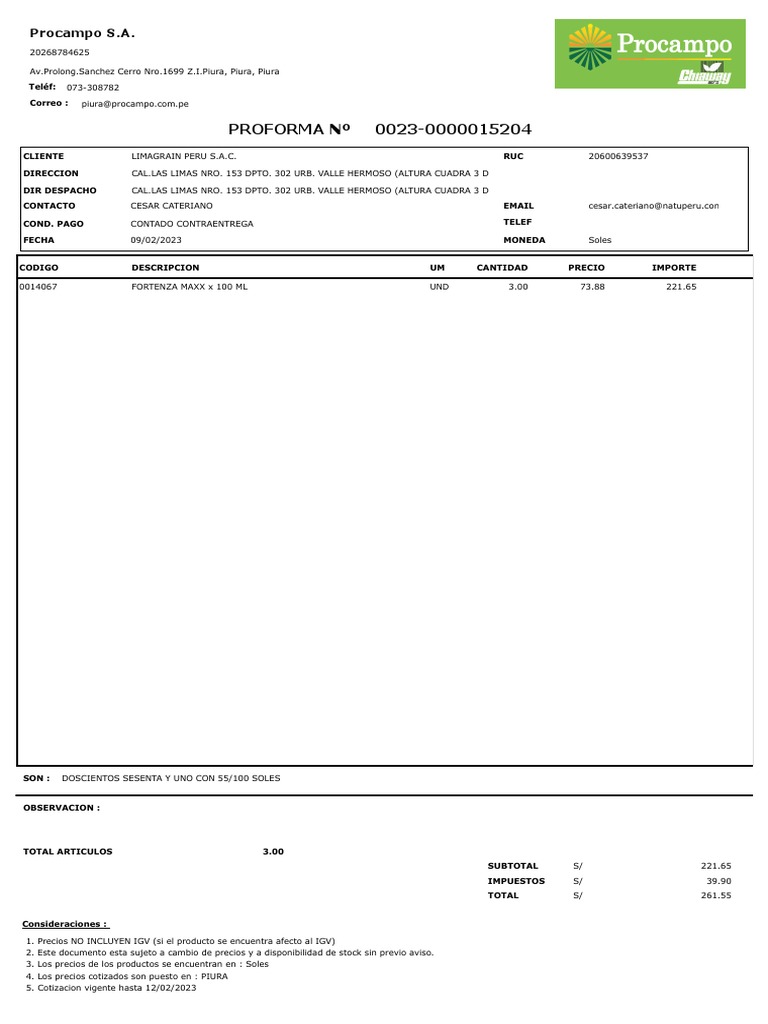 Proforma #0023-0000015204: Procampo S.A | PDF