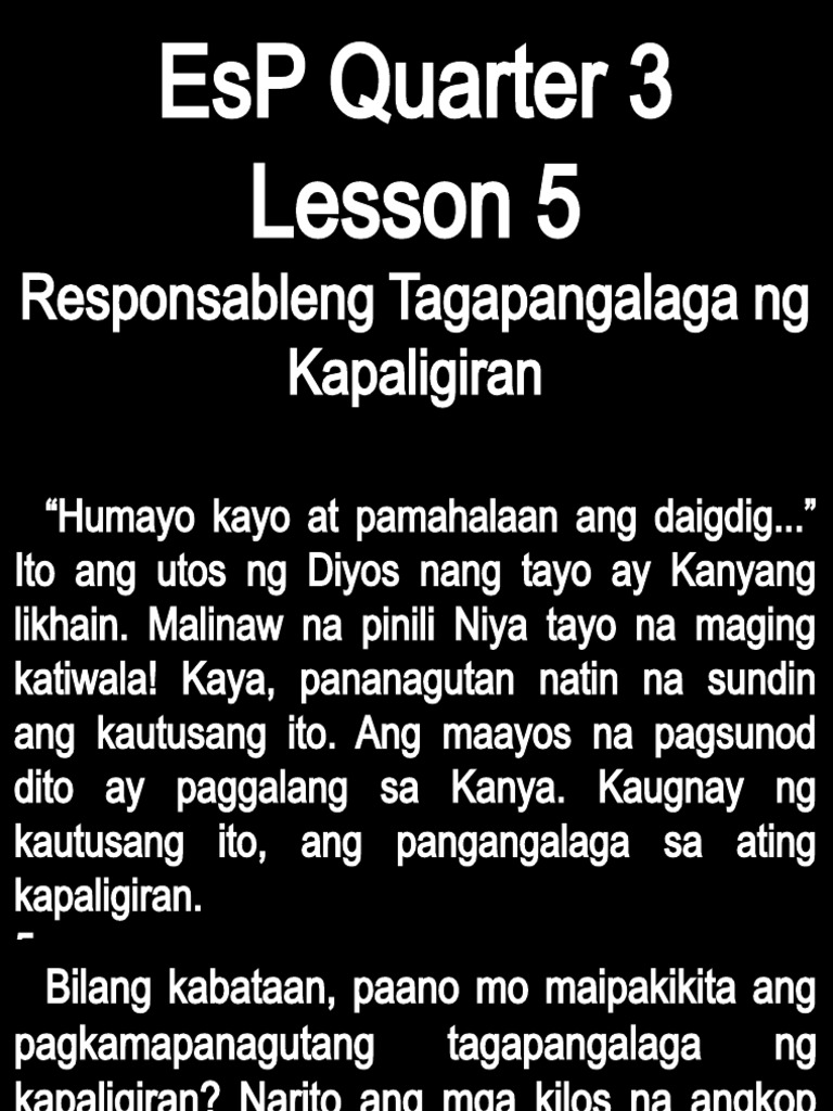 Esp Quarter 3 Lesson 5: Responsableng Tagapangalaga NG Kapaligiran | PDF