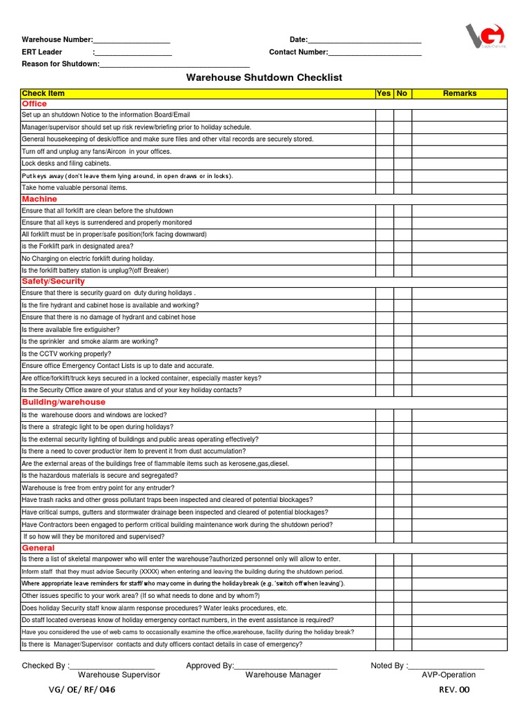 Warehouse Shutdown Checklist Template | PDF | Warehouse | Safety