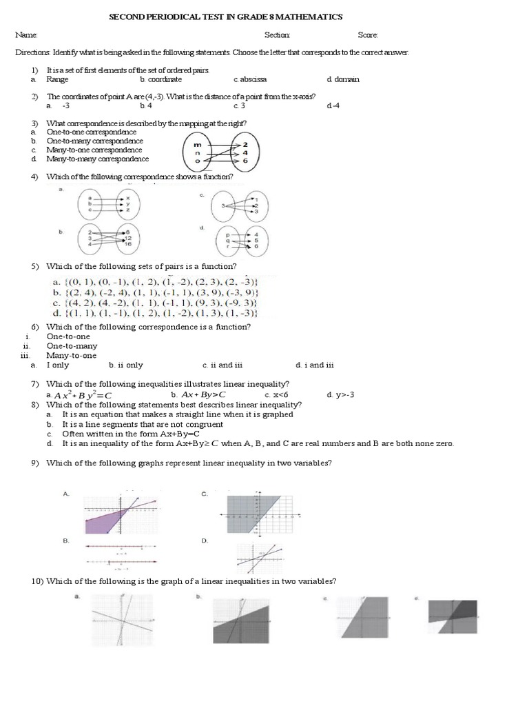 Grade 8 Math Test: Functions & Inequalities | PDF | Function ...