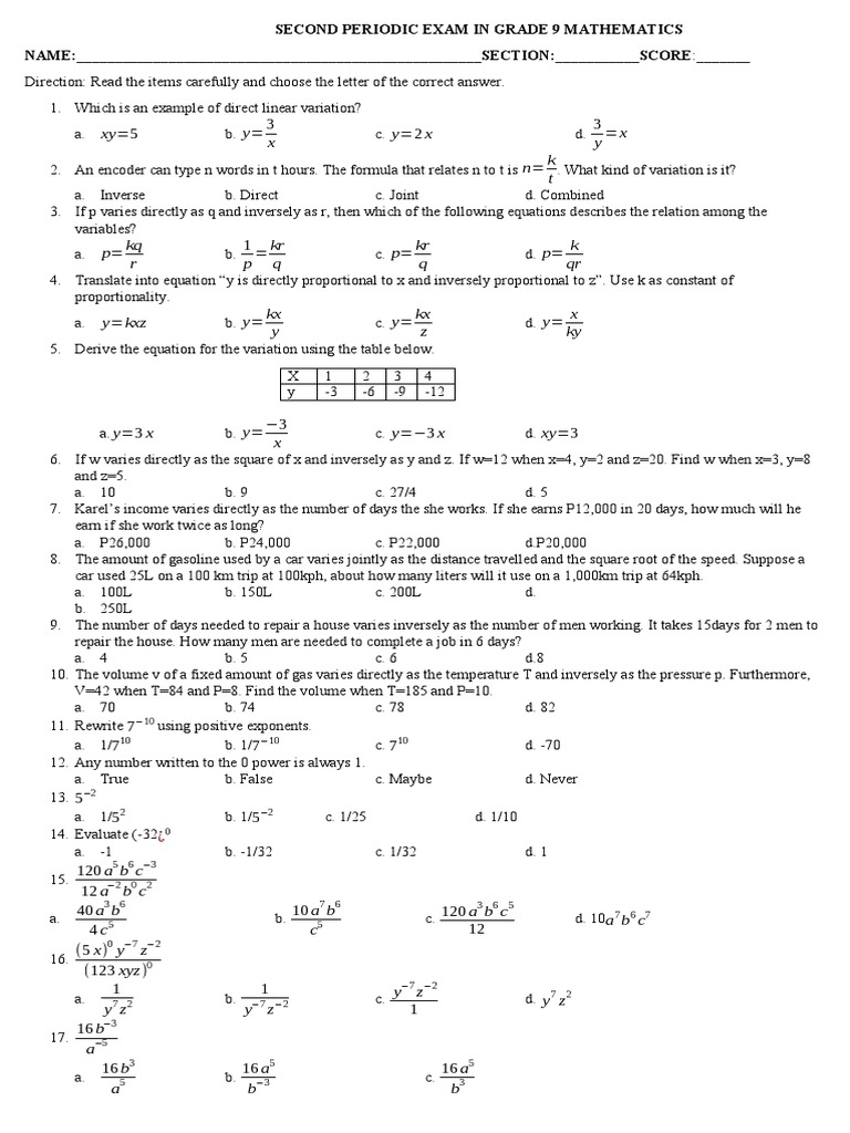 Second Periodic Exam in Grade 9 Mathematics | PDF | Mathematics ...