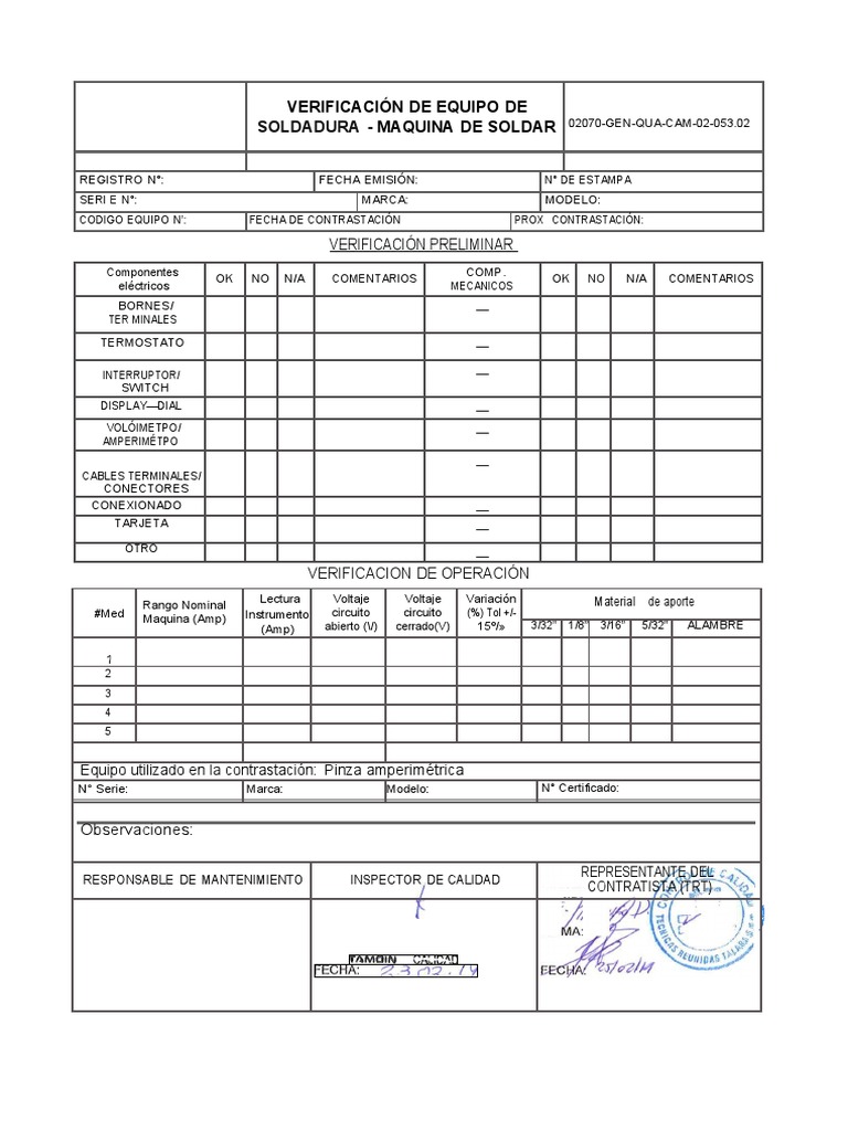 Verificación de Máquina de Soldar 02070 | PDF | Ingenieria Eléctrica ...