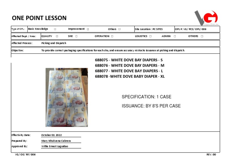 VG PCS OPL 006 - Picking and Dispatching (For WHITE DOVE BAY DIAPERS) | PDF