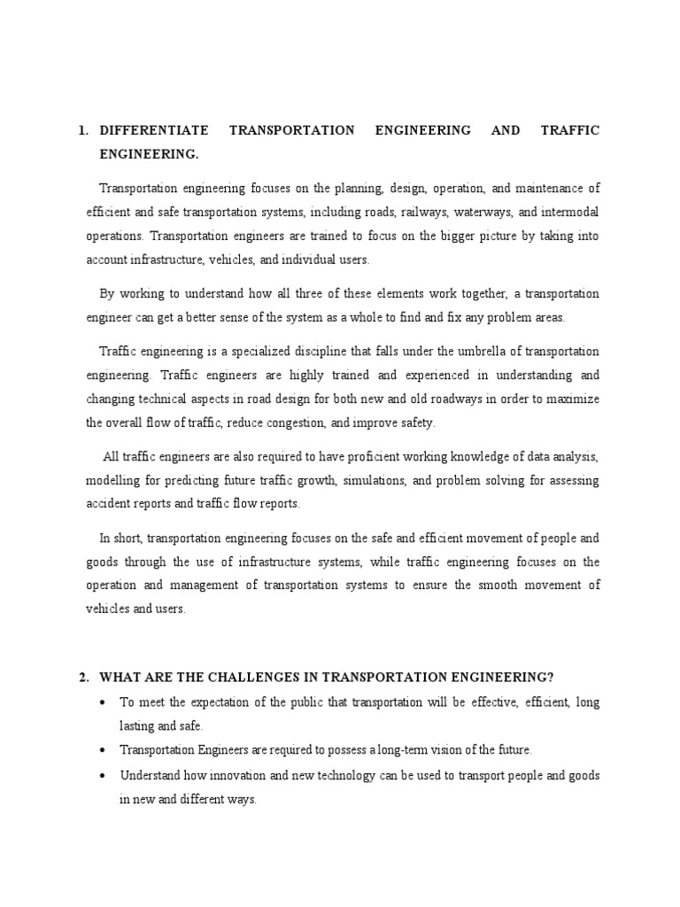 Differentiate Transportation Engineering and Traffic Engineering | PDF
