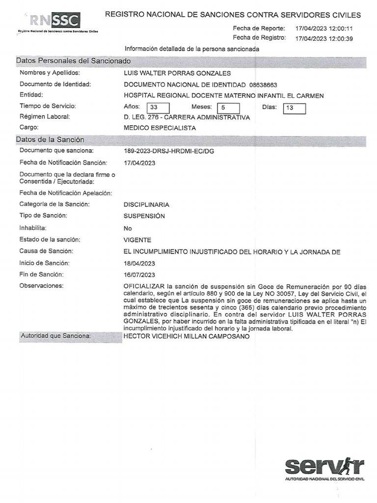 Servir Saciona A Médico Walter Porras | PDF