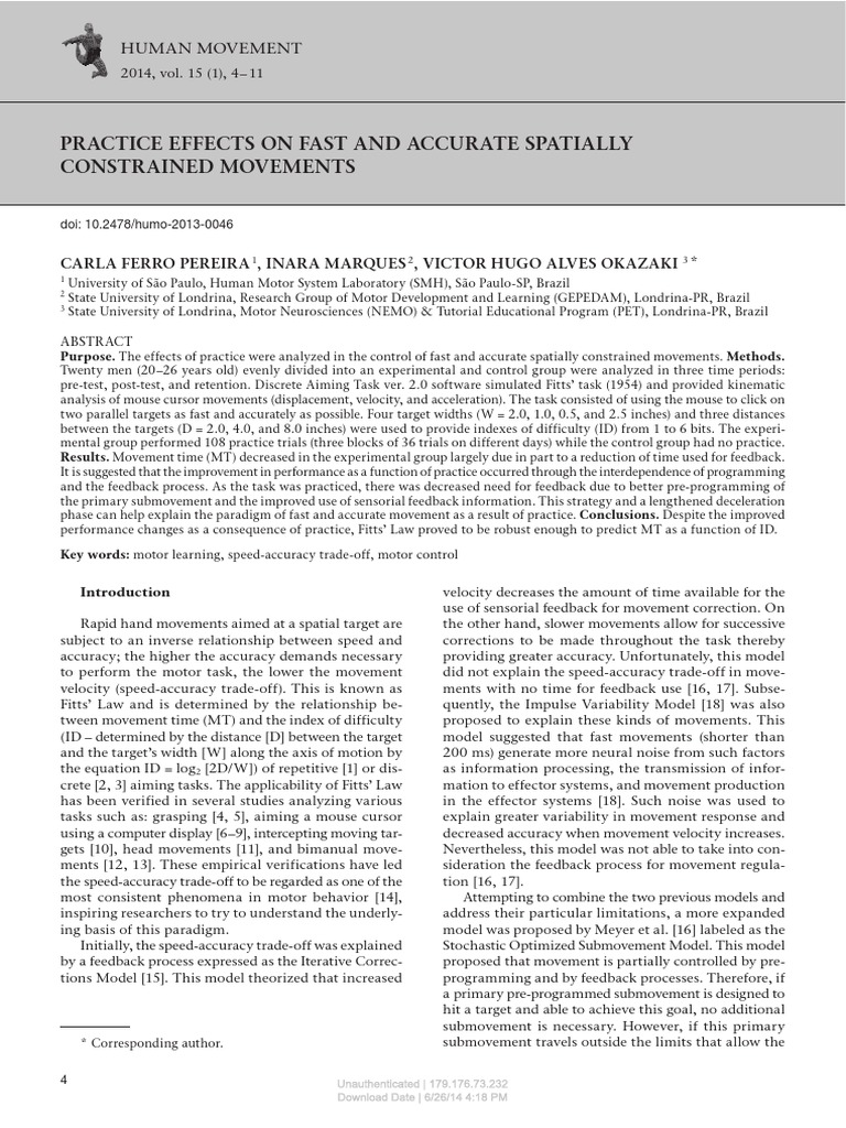Practice Effects On Fast and Accurate Spatially Constrained Movements ... Practice Effects On Fast and Accurate Spatially Constrained Movements ...