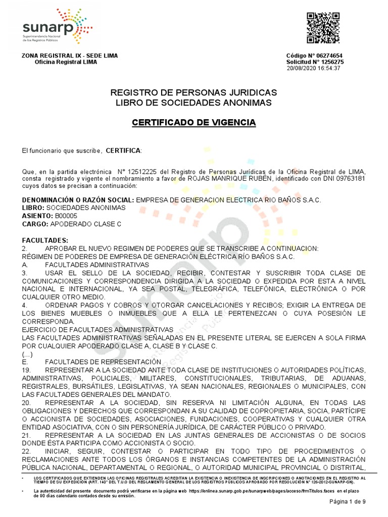 Certificado de Vigencia y Facultades de Apoderado | PDF | Ley procesal | Mandato