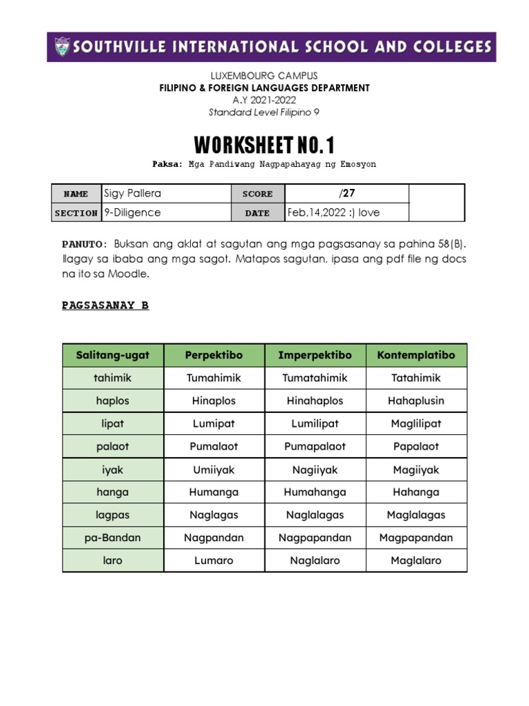 Worksheet No. 1: Panuto | PDF