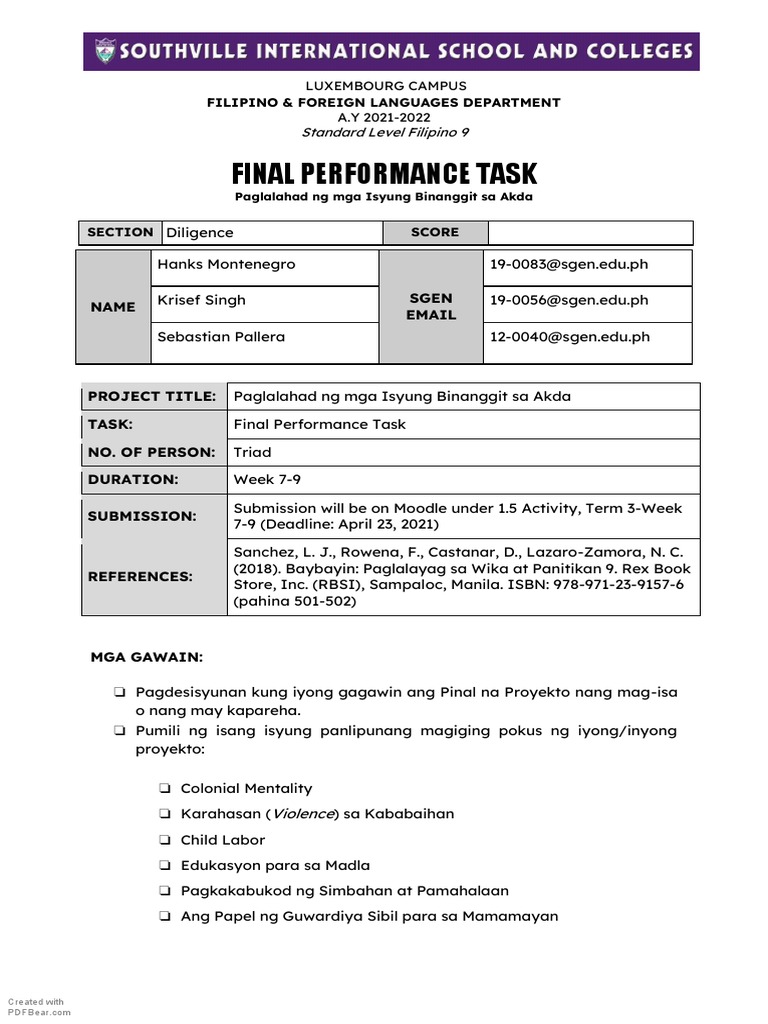 Final Performance Task: Name Sgen Email | PDF