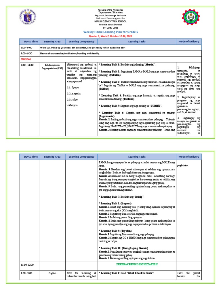 Weekly Home Learning Plan For Grade 5 Learning Area Learning