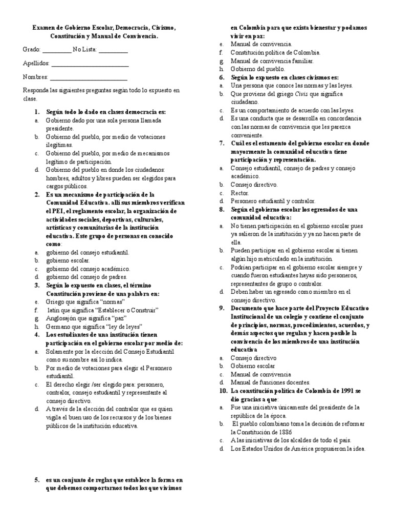 Examen de Gobierno Escolar | PDF | Constitución | Institución