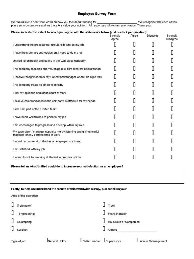 Employee Survey Form | Download Free PDF | Organizational Behavior ...