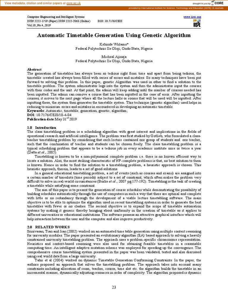 Automatic Timetable Generation Using Genetic Algorithm Pdf Genetic Algorithm Algorithms