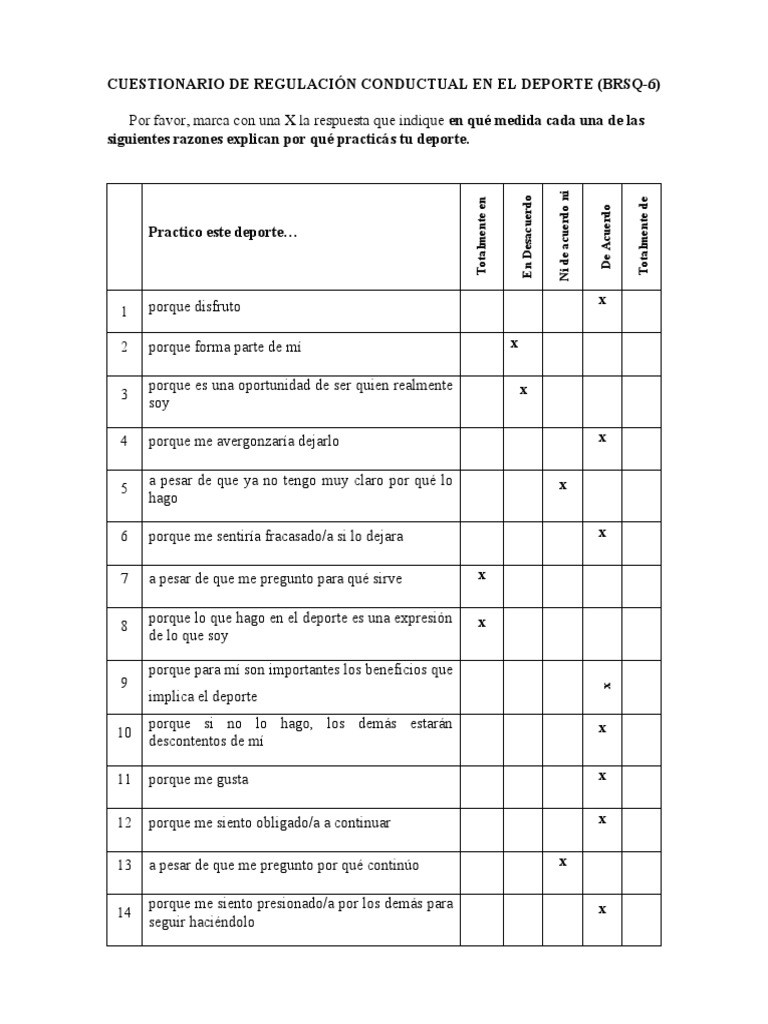 CUESTIONARIO DE REGULACIÓN CONDUCTUAL EN EL DEPORTE (BRSQ-6) (1) | PDF ...