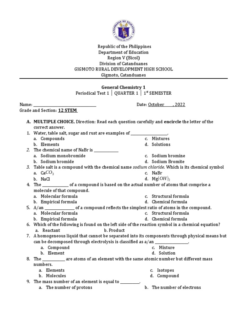 GenChem1 Periodical Test 1 | PDF | Chemical Elements | Chemical Compounds