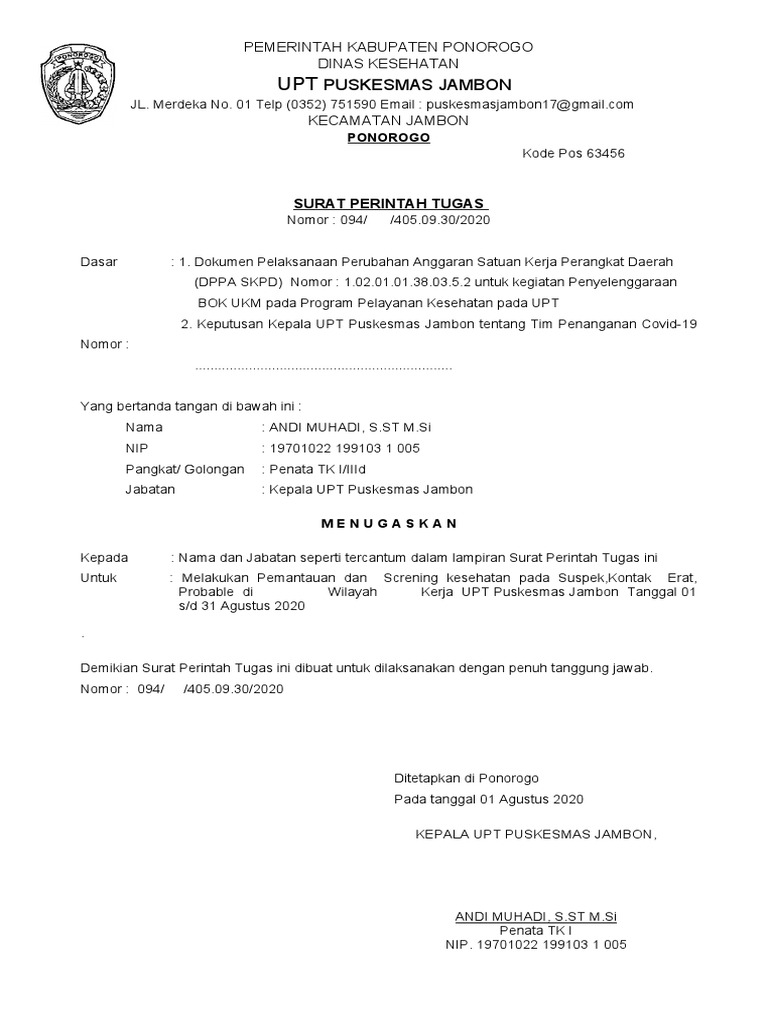 SURAT PERINTAH TUGAS (3 Sept '20) | PDF