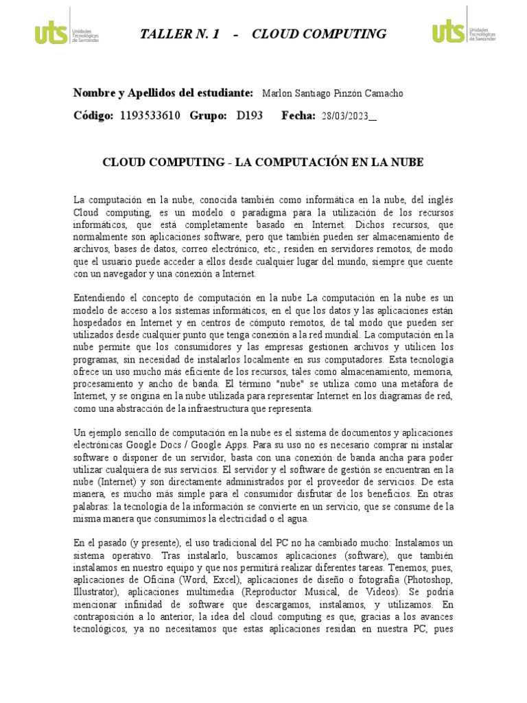 Taller N. 1 | PDF | Computación en la nube | Software de la aplicacion