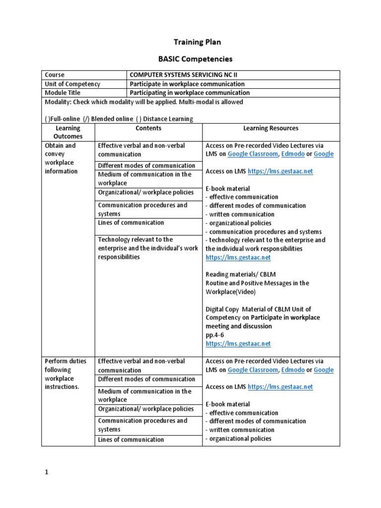 NC Ii - CSS - Annex A - Training Plan | PDF | Educational Technology | Communication