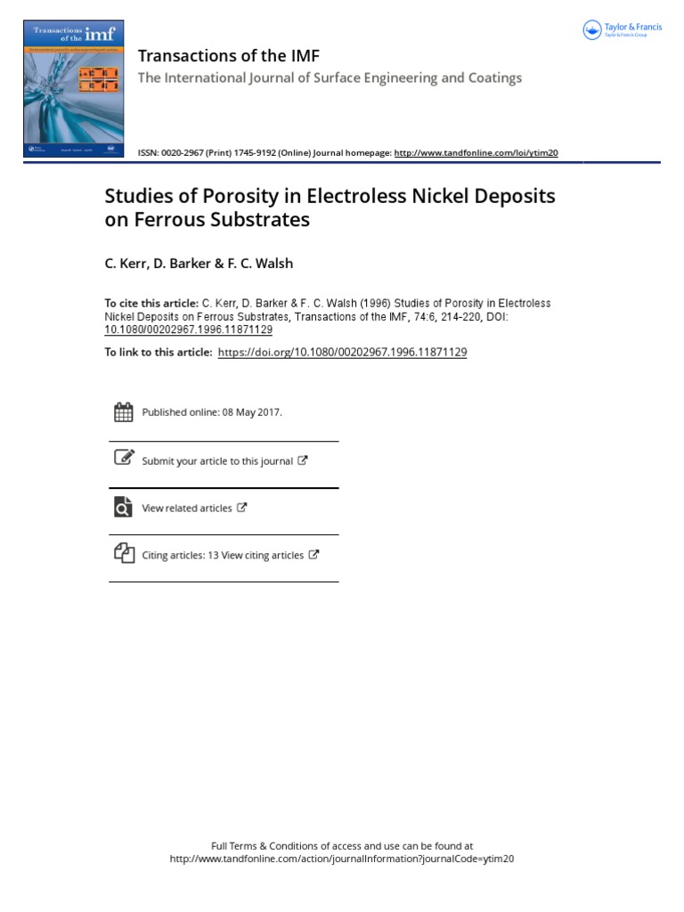 Studies of Porosity in Electroless Nickel Deposits On Ferrous ...