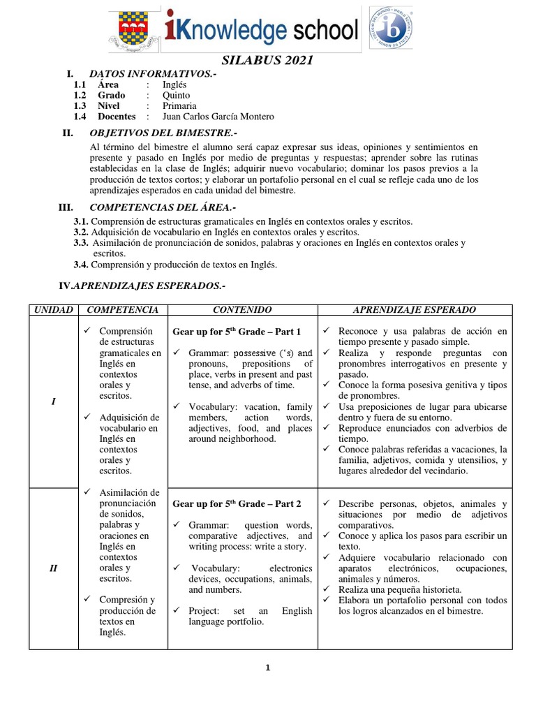 5 Grado Syllabus Ingles BIM I | PDF | Aprendizaje | Evaluación