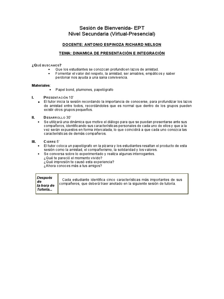 SESION DE BIENVENIDA EPT SECUNDARIA | PDF