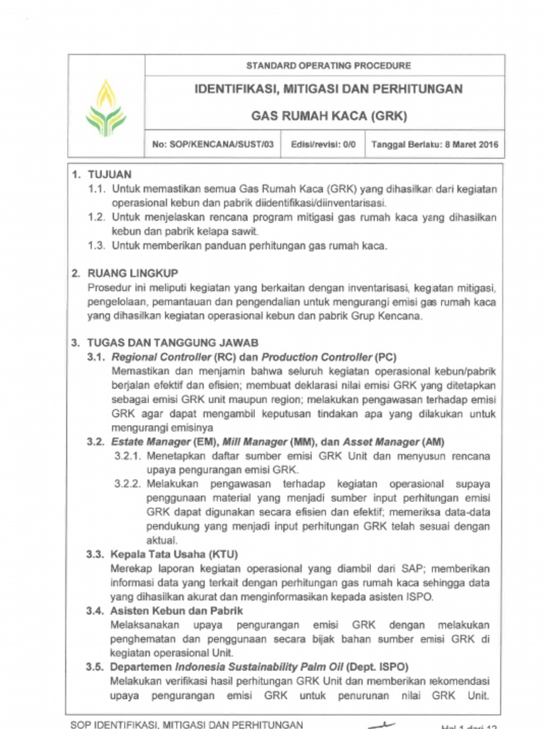 03. SOP IDENTIFIKASI, MITIGASI DAN PERHITUNGAN GAS RUMAH KACA (GRK) | PDF
