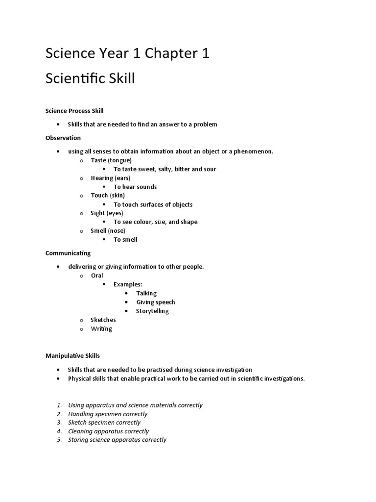 Science Year 1 Chapter 1 Scienctific Skills Topic Science Process ...