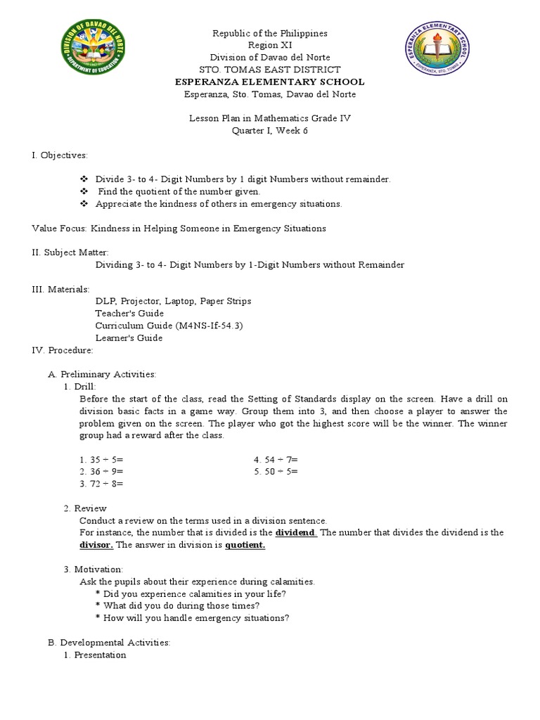 Lesson Plan in Mathematics Grade IV Week 6 Q1 | PDF | Division ...