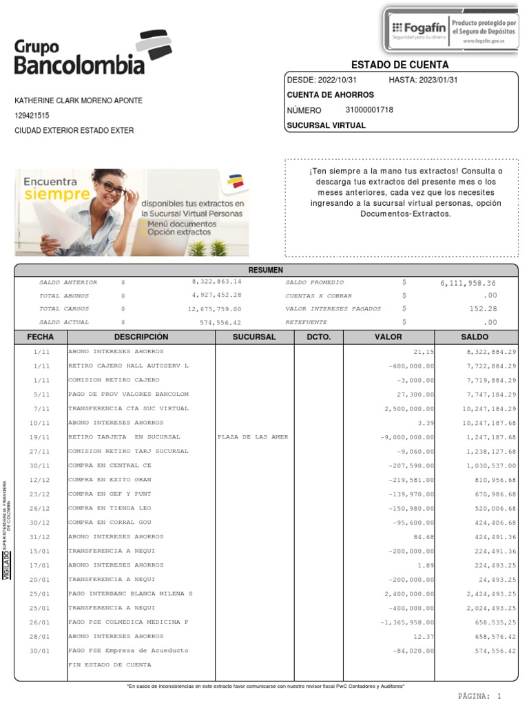 Extracto Bancario Completo Editable | PDF | Tecnología bancaria | Dinero