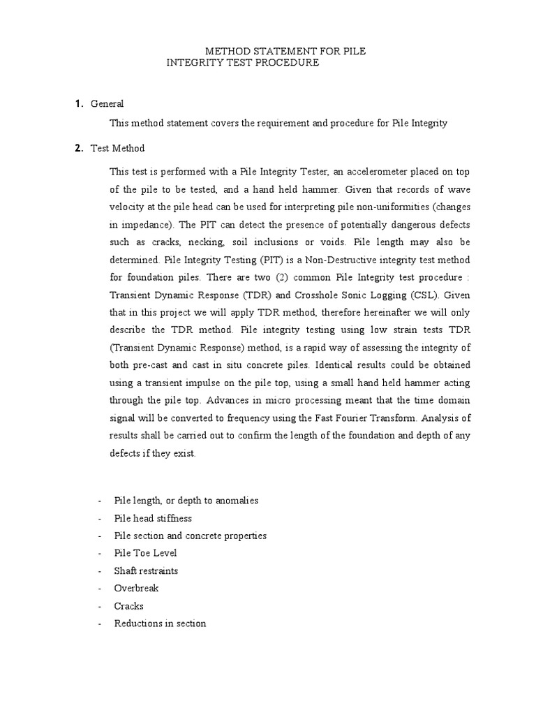 Method Statement For Pile Integrity Test Procedure | PDF | Deep ...