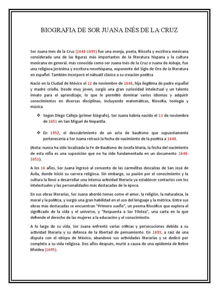 Biografia de Sor Juana Inés de La Cruz | PDF