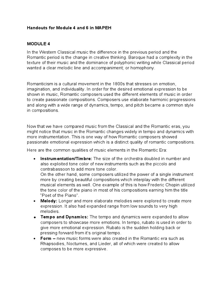 MAPEH Handouts for Modules 4 and 6 | PDF | Classical Period (Music ...