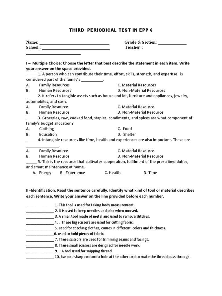 EPP 6 Test for Students | PDF | Resource | Clothing