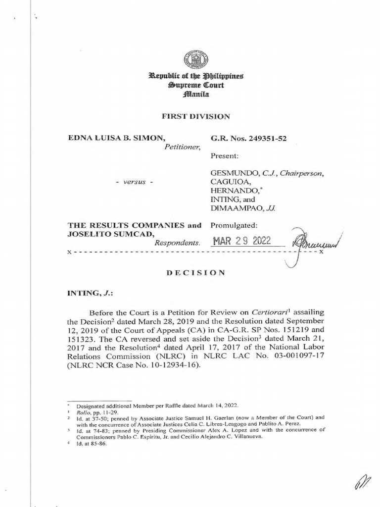 Edna Luisa Simon vs. The Results Company, GR - 249351-52 - 2022 | PDF ...