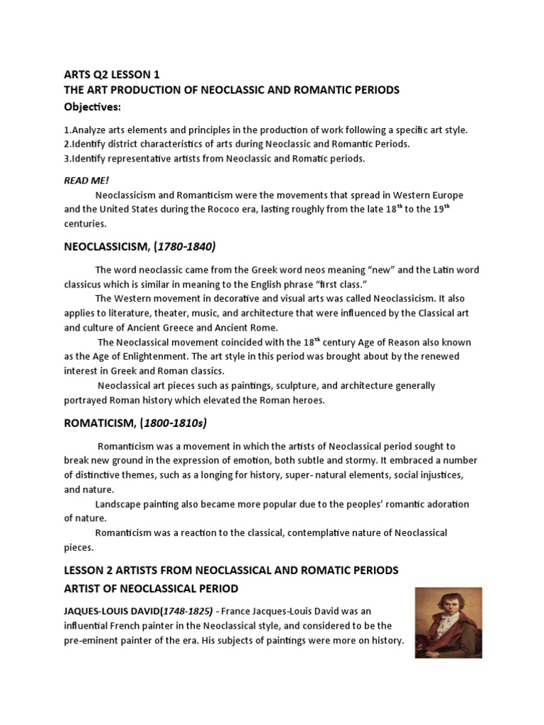 Arts Q2 Lesson 1 The Art Production of Neoclassic and Romantic Periods Objectives | PDF ...